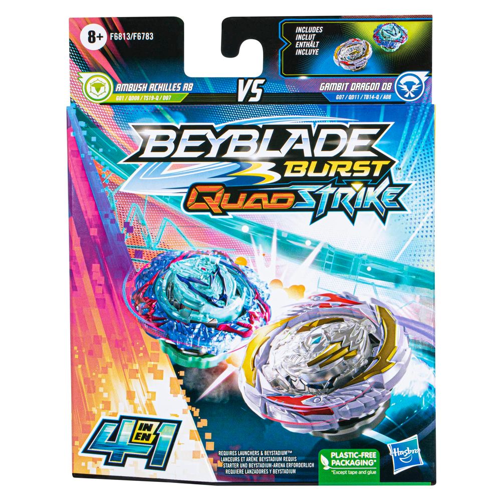 Conjunto com 2 BeyBlade Burst QuadStrike - Ambush Achilles A8 Vs Gambit ...